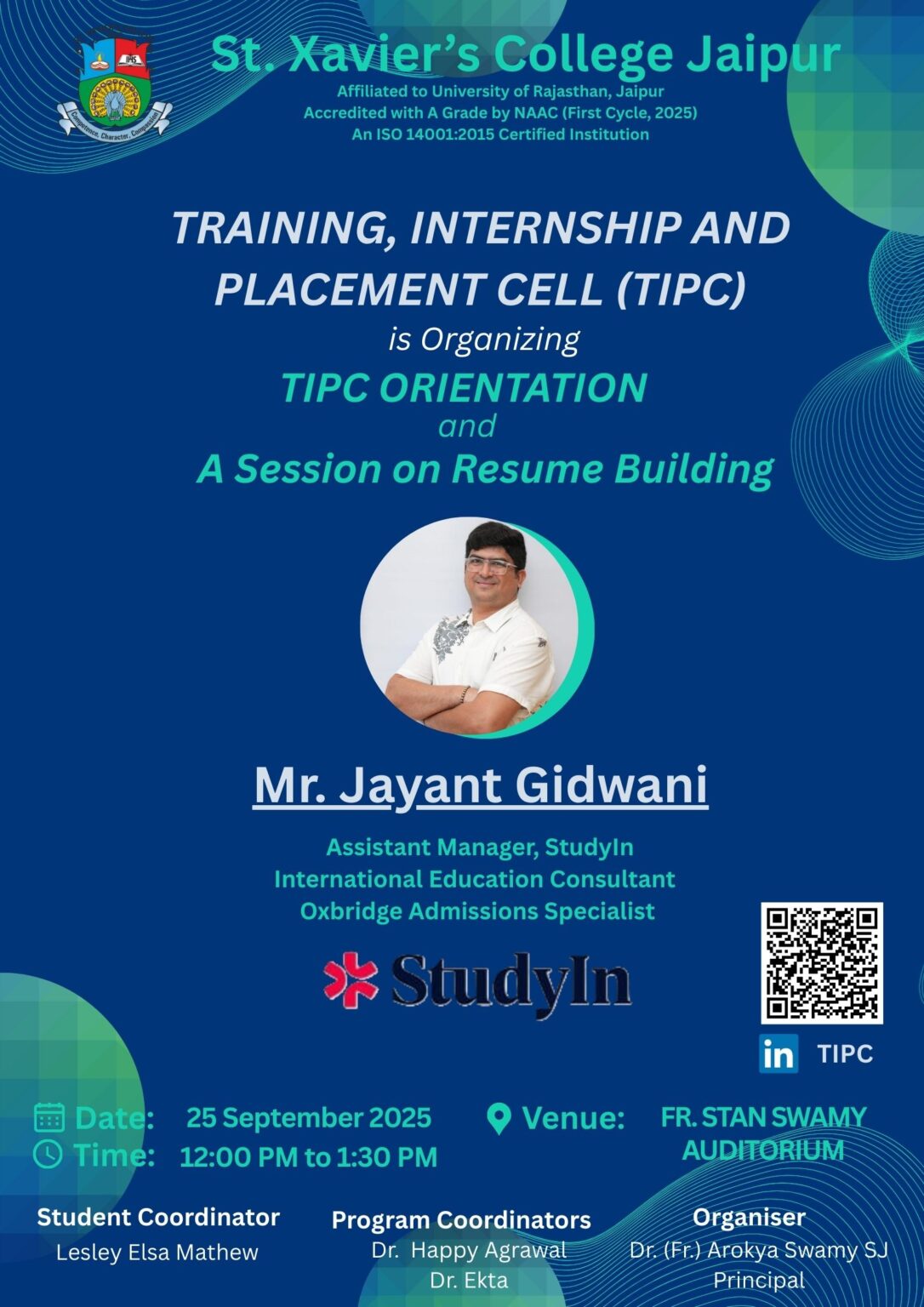 TIPC Orientation & a Session on Resume Building - St. Xavier's College Jaipur